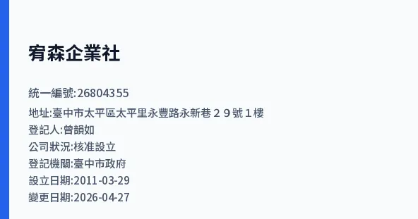 宥森企業社的照片-統編 26804355(臺中市) 公司登記資料與營業項目詳細圖表