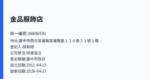 金品服飾店的照片-統編 26806591(臺中市) 公司登記資料與營業項目詳細圖表