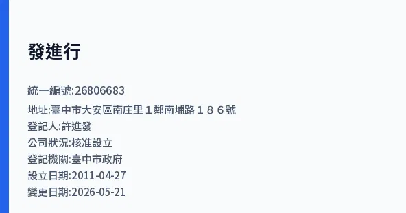 發進行的照片-統編 26806683(臺中市) 公司登記資料與營業項目詳細圖表