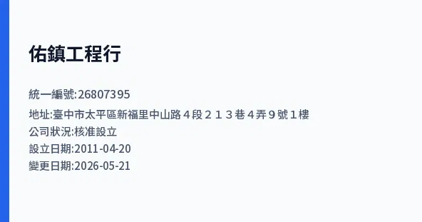 佑鎮工程行的照片-統編 26807395(臺中市) 公司登記資料與營業項目詳細圖表