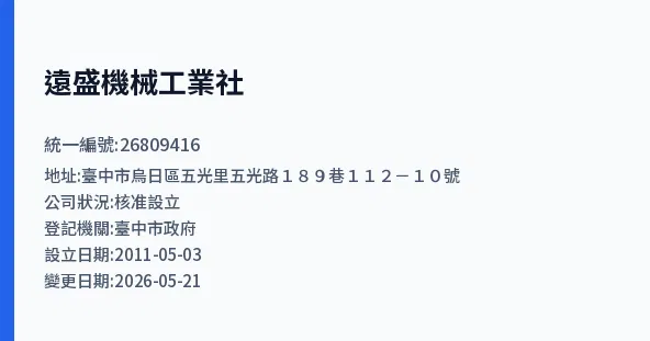 遠盛機械工業社的照片-統編 26809416(臺中市) 公司登記資料與營業項目詳細圖表