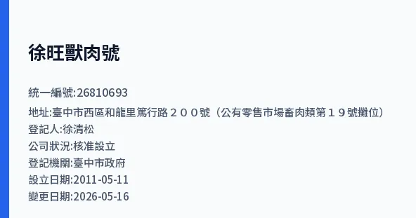 徐旺獸肉號的照片-統編 26810693(臺中市) 公司登記資料與營業項目詳細圖表