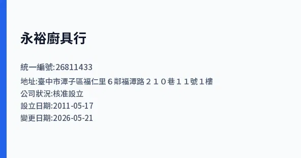 永裕廚具行的照片-統編 26811433(臺中市) 公司登記資料與營業項目詳細圖表