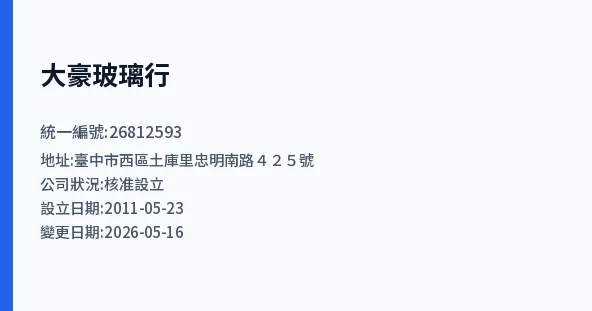 大豪玻璃行的照片-統編 26812593(臺中市) 公司登記資料與營業項目詳細圖表