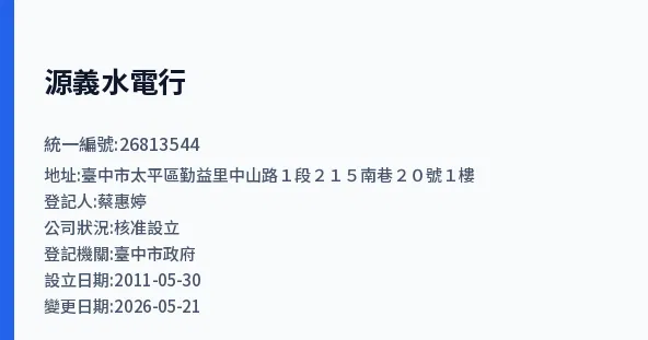 源義水電行的照片-統編 26813544(臺中市) 公司登記資料與營業項目詳細圖表