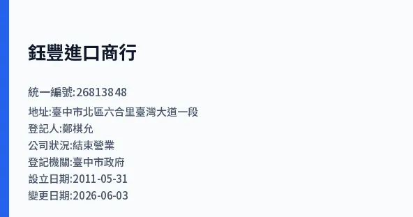 鈺豐進口商行的照片-統編 26813848(臺中市) 公司登記資料與營業項目詳細圖表