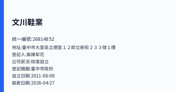 文川鞋業的照片-統編 26814852(臺中市) 公司登記資料與營業項目詳細圖表