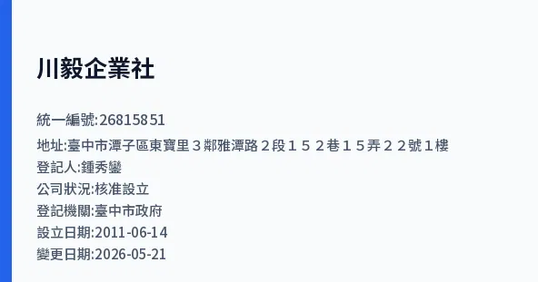 川毅企業社的照片-統編 26815851(臺中市) 公司登記資料與營業項目詳細圖表