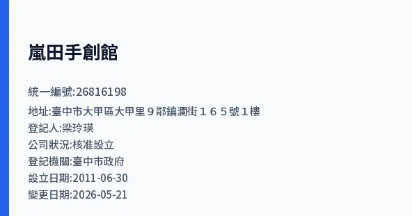 嵐田手創館的照片-統編 26816198(臺中市) 公司登記資料與營業項目詳細圖表