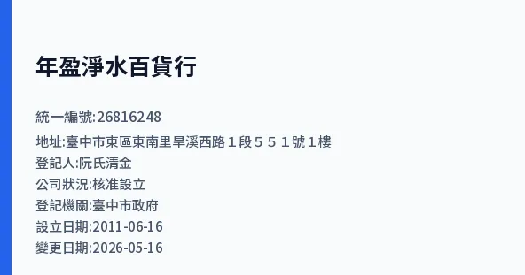 年盈淨水百貨行的照片-統編 26816248(臺中市) 公司登記資料與營業項目詳細圖表