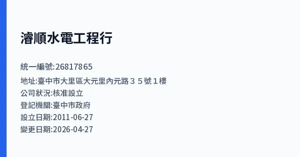濬順水電工程行的照片-統編 26817865(臺中市) 公司登記資料與營業項目詳細圖表