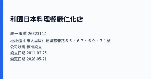 和園日本料理餐廳仁化店的照片-統編 26823114(臺中市) 公司登記資料與營業項目詳細圖表