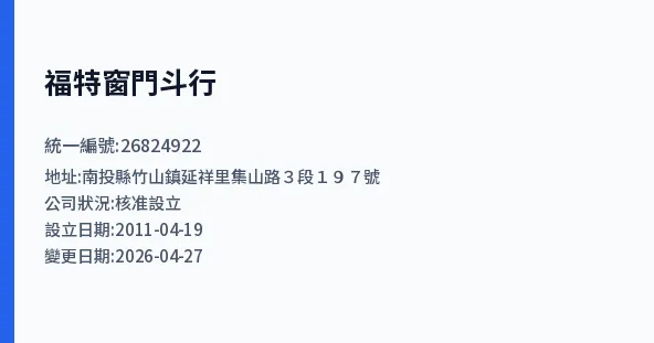 福特窗門斗行的照片-統編 26824922(南投縣) 公司登記資料與營業項目詳細圖表