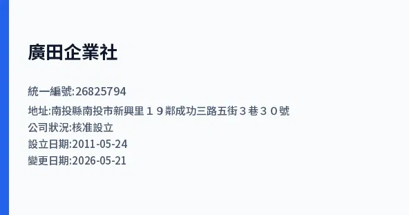 廣田企業社的照片-統編 26825794(南投縣) 公司登記資料與營業項目詳細圖表