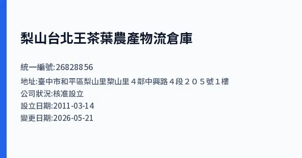 梨山台北王茶葉農產物流倉庫的照片-統編 26828856(臺中市) 公司登記資料與營業項目詳細圖表