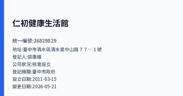 仁初健康生活館的照片-統編 26829829(臺中市) 公司登記資料與營業項目詳細圖表