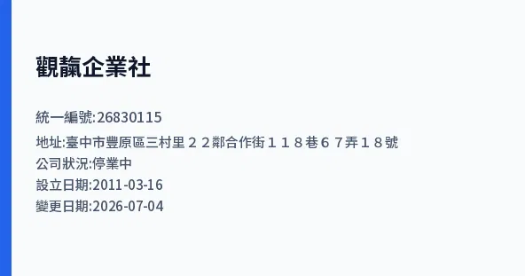 觀靝企業社的照片-統編 26830115(臺中市) 公司登記資料與營業項目詳細圖表