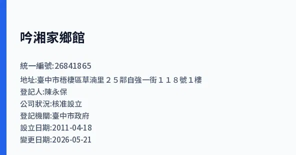 吟湘家鄉館的照片-統編 26841865(臺中市) 公司登記資料與營業項目詳細圖表