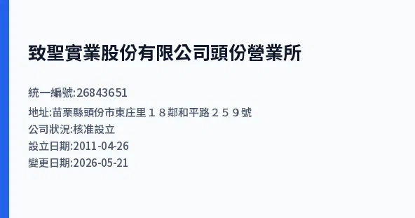 致聖實業股份有限公司頭份營業所的照片-統編 26843651(苗栗縣) 公司登記資料與營業項目詳細圖表