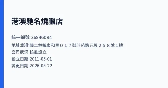 港澳馳名燒臘店的照片-統編 26846094(彰化縣) 公司登記資料與營業項目詳細圖表
