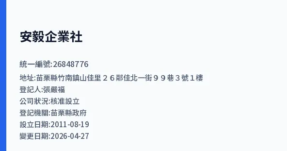 安毅企業社的照片-統編 26848776(苗栗縣) 公司登記資料與營業項目詳細圖表