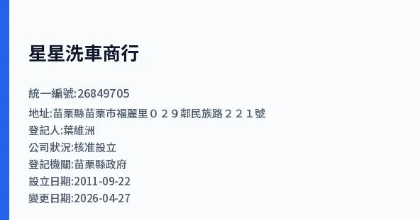 星星洗車商行的照片-統編 26849705(苗栗縣) 公司登記資料與營業項目詳細圖表