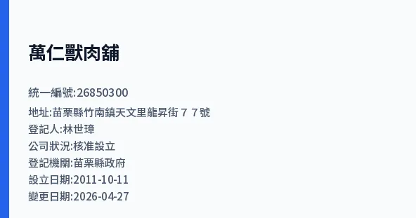萬仁獸肉舖的照片-統編 26850300(苗栗縣) 公司登記資料與營業項目詳細圖表