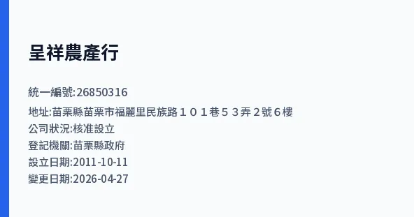 呈祥農產行的照片-統編 26850316(苗栗縣) 公司登記資料與營業項目詳細圖表
