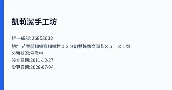 凱莉潔手工坊的照片-統編 26852638(苗栗縣) 公司登記資料與營業項目詳細圖表