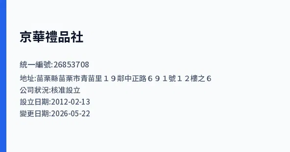 京華禮品社的照片-統編 26853708(苗栗縣) 公司登記資料與營業項目詳細圖表