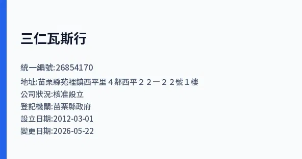 三仁瓦斯行的照片-統編 26854170(苗栗縣) 公司登記資料與營業項目詳細圖表