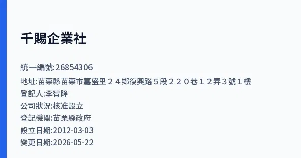 千賜企業社的照片-統編 26854306(苗栗縣) 公司登記資料與營業項目詳細圖表