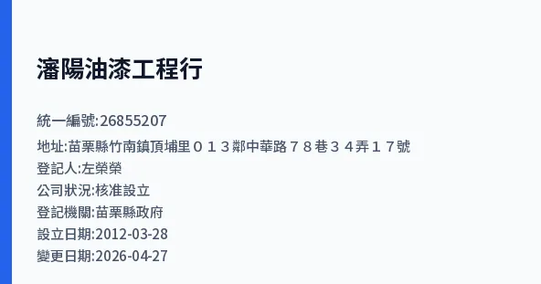 瀋陽油漆工程行的照片-統編 26855207(苗栗縣) 公司登記資料與營業項目詳細圖表