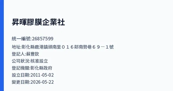 昇暉膠膜企業社的照片-統編 26857599(彰化縣) 公司登記資料與營業項目詳細圖表