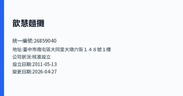 歆慧麵攤的照片-統編 26859040(臺中市) 公司登記資料與營業項目詳細圖表