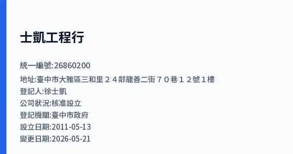 士凱工程行的照片-統編 26860200(臺中市) 公司登記資料與營業項目詳細圖表