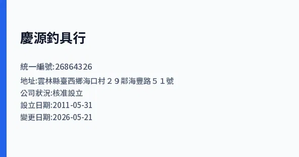 慶源釣具行的照片-統編 26864326(雲林縣) 公司登記資料與營業項目詳細圖表