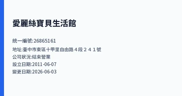 愛麗絲寶貝生活館的照片-統編 26865161(臺中市) 公司登記資料與營業項目詳細圖表