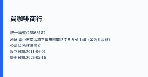 買咖啡商行的照片-統編 26865182(臺中市) 公司登記資料與營業項目詳細圖表