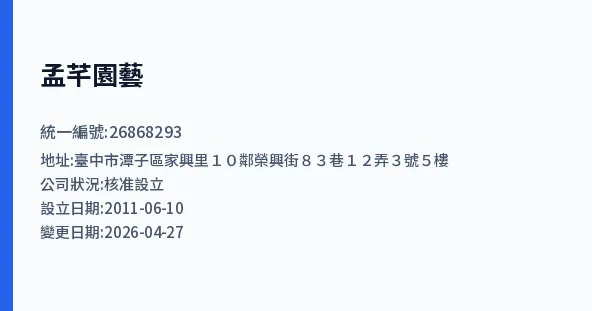孟芊園藝的照片-統編 26868293(臺中市) 公司登記資料與營業項目詳細圖表