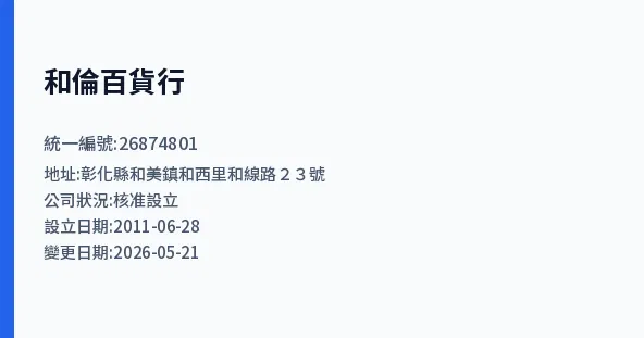 和倫百貨行的照片-統編 26874801(彰化縣) 公司登記資料與營業項目詳細圖表