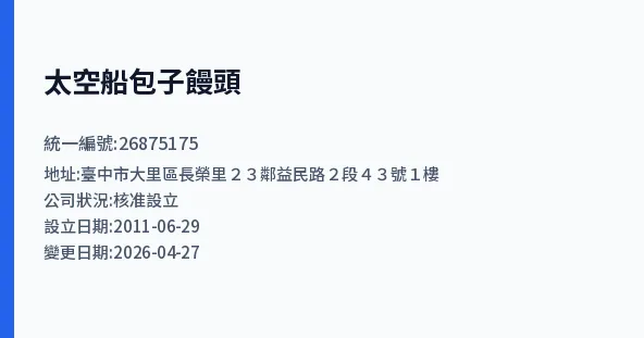 太空船包子饅頭的照片-統編 26875175(臺中市) 公司登記資料與營業項目詳細圖表