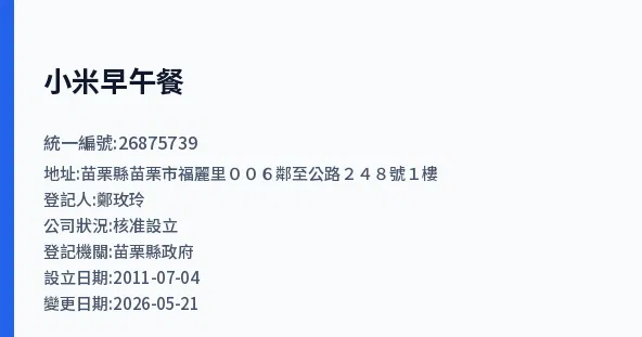 小米早午餐的照片-統編 26875739(苗栗縣) 公司登記資料與營業項目詳細圖表