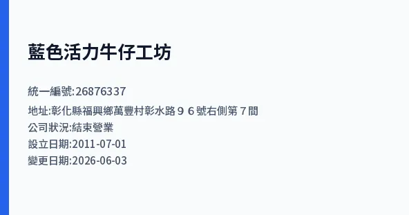 藍色活力牛仔工坊的照片-統編 26876337(彰化縣) 公司登記資料與營業項目詳細圖表