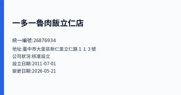 一多一魯肉飯立仁店的照片-統編 26876934(臺中市) 公司登記資料與營業項目詳細圖表