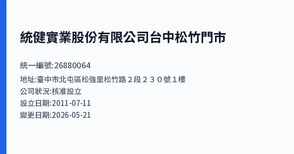 統健實業股份有限公司台中松竹門市的照片-統編 26880064(臺中市) 公司登記資料與營業項目詳細圖表