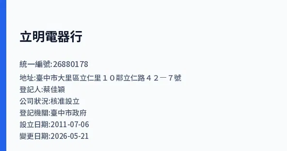 立明電器行的照片-統編 26880178(臺中市) 公司登記資料與營業項目詳細圖表