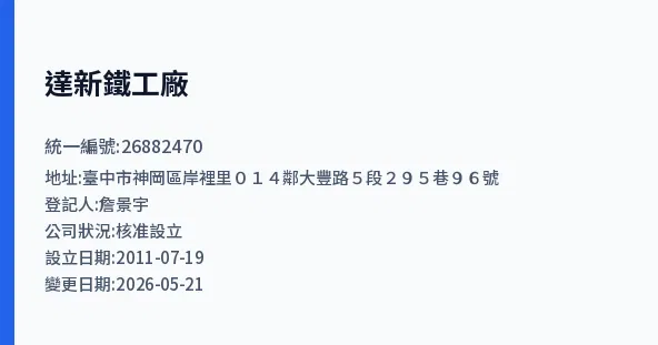 達新鐵工廠的照片-統編 26882470(臺中市) 公司登記資料與營業項目詳細圖表