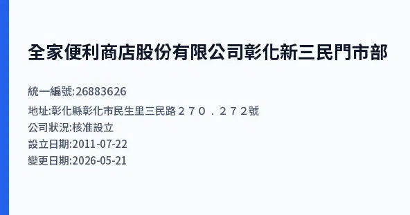 全家便利商店股份有限公司彰化新三民門市部的照片-統編 26883626(彰化縣) 公司登記資料與營業項目詳細圖表
