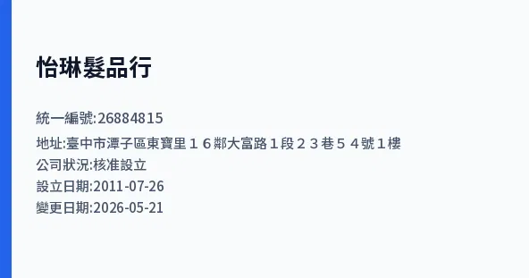 怡琳髮品行的照片-統編 26884815(臺中市) 公司登記資料與營業項目詳細圖表